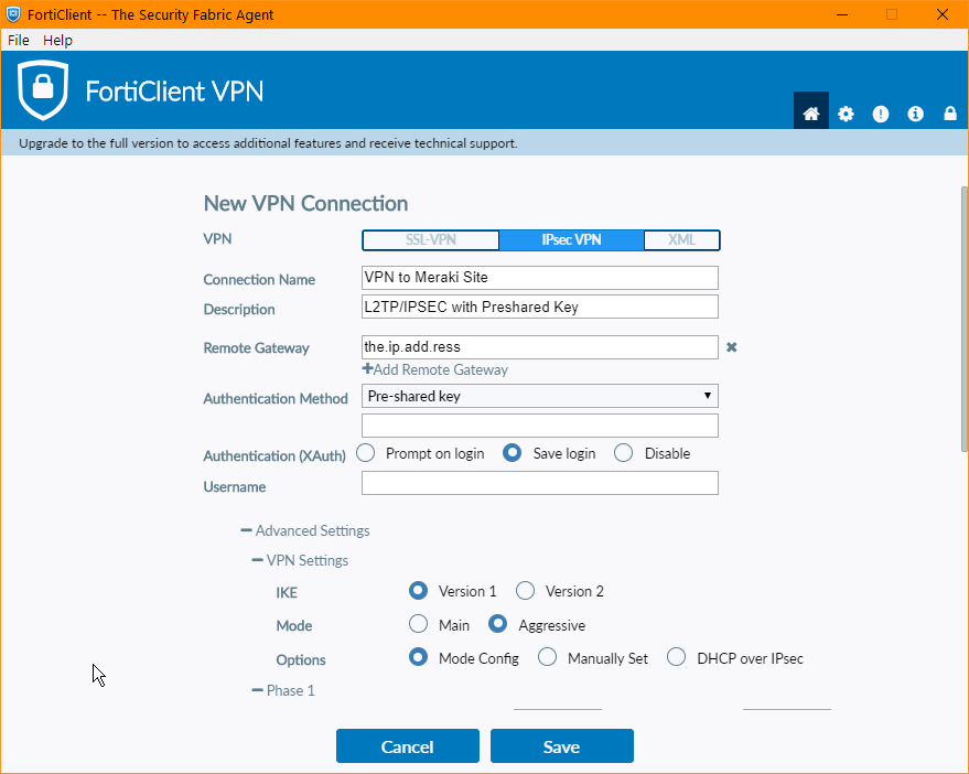 Help with L2TP/IPSec VPN using FortiClient software - The Meraki Community