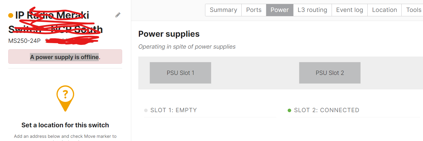 A power supply is offline alert - The Meraki Community