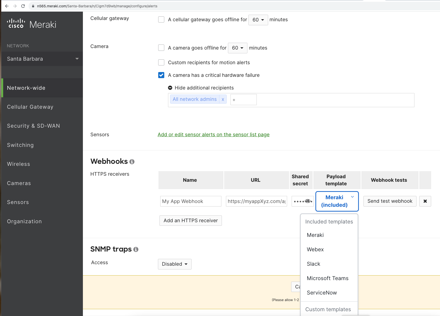 Solved: How to add a Webhook Custom Template - The Meraki Community