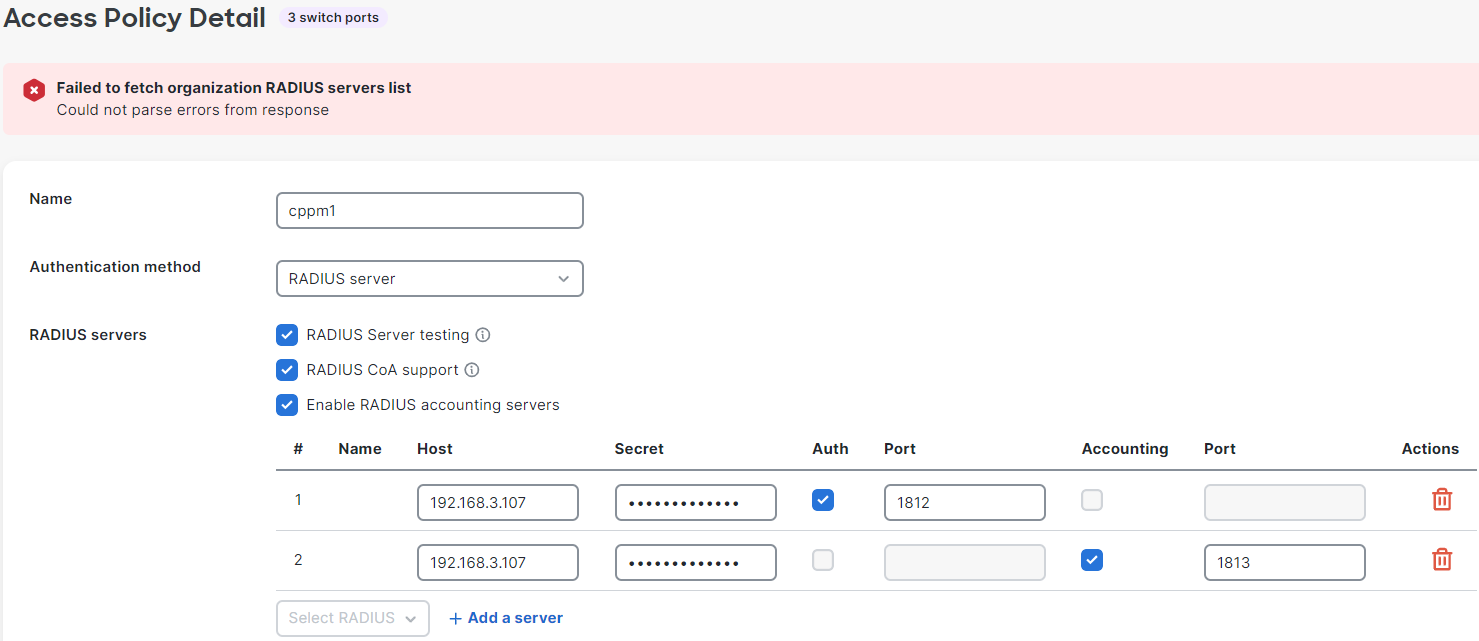 Radius configuration error in Meraki switch - The Meraki Community