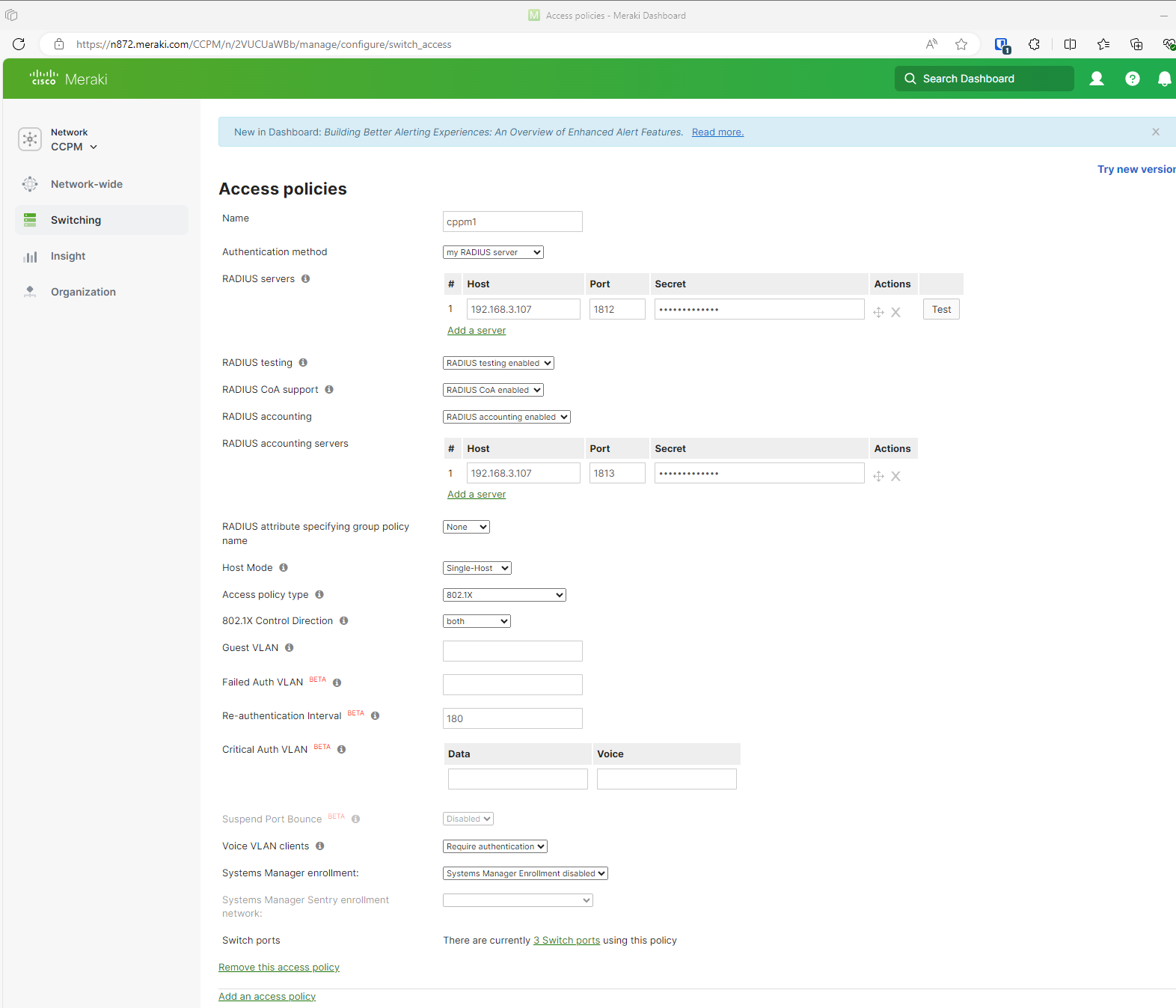 Radius configuration error in Meraki switch - The Meraki Community