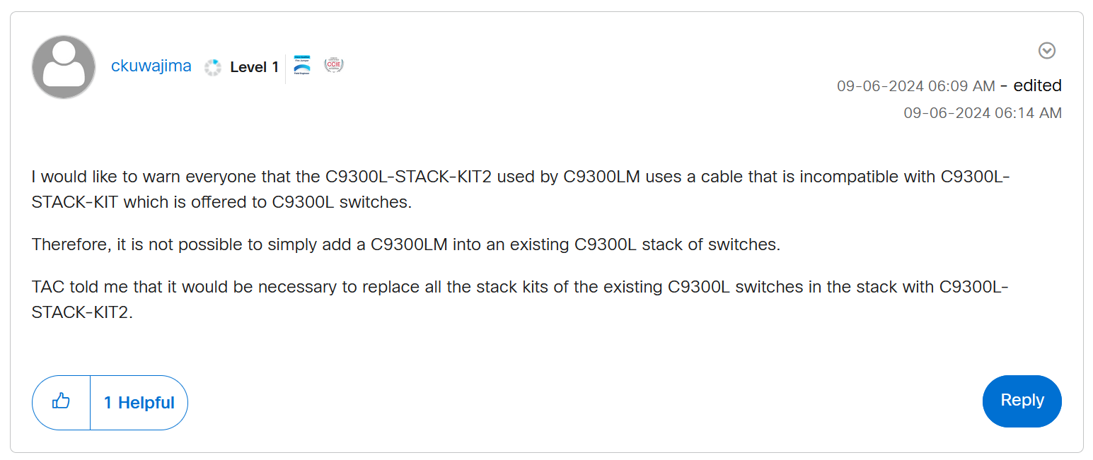 Solved: Re: C9300L stack kits - Cisco versus Meraki - Stacking - The ...
