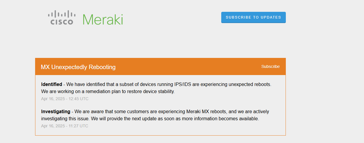 Solved: [Service Notice] Unexpected MX reboots - The Meraki Community