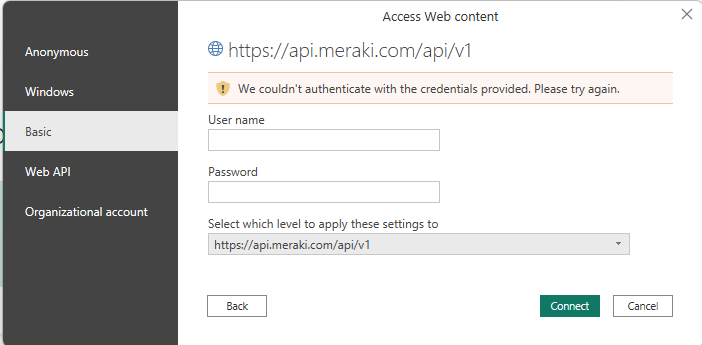 Solved: Trouble connecting to Meraki API with Power BI - The Meraki Community